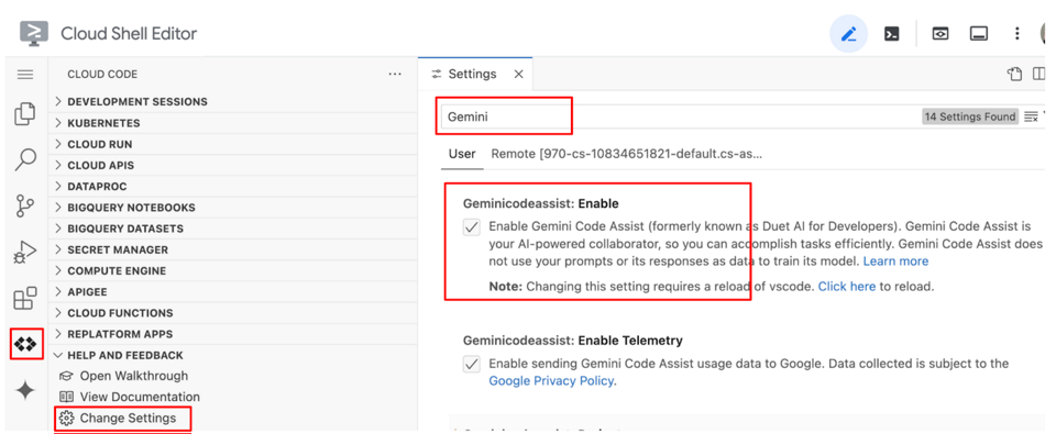 在 Google Cloud Shell Editor 中浏览面向开发者的 Gemini Code Assist Standard 和 ...